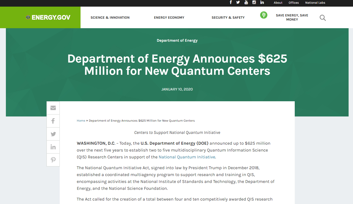 Department of Energy Announces $625 Million for New Quantum Centers ...