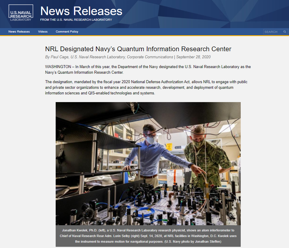 NRL Designated Navy’s Quantum Information Research Center - National ... NRL Designated Navy’s Quantum Information Research Center - National ...
