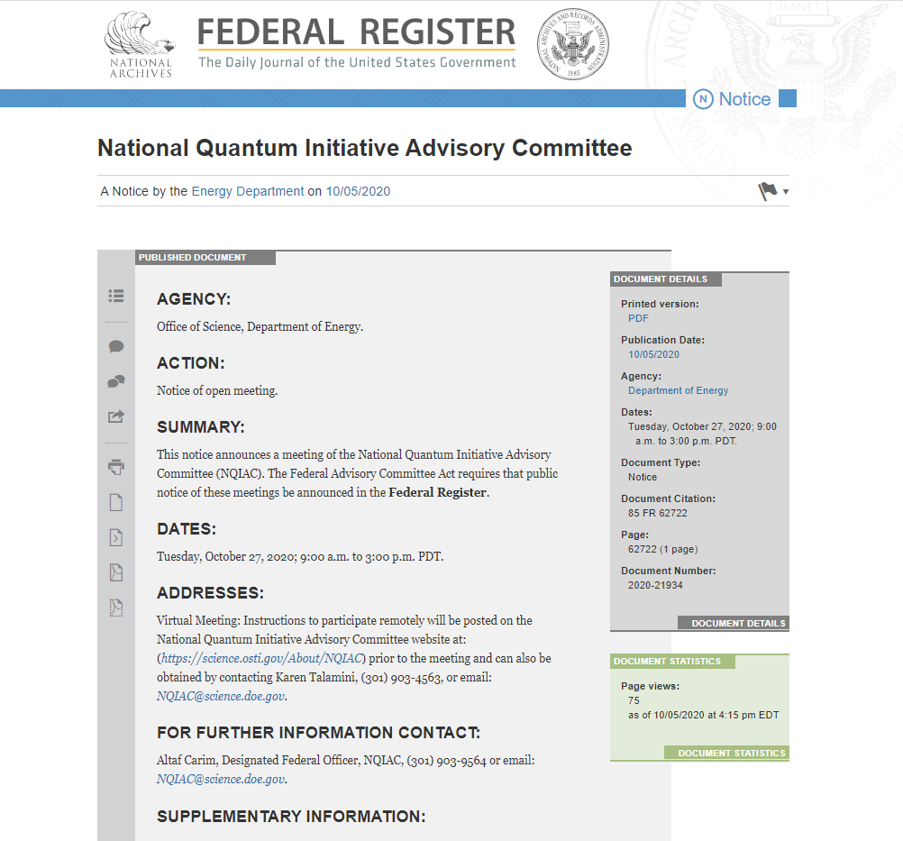 Notice of Meeting for the National Quantum Initiative Advisory ... Notice of Meeting for the National Quantum Initiative Advisory ...
