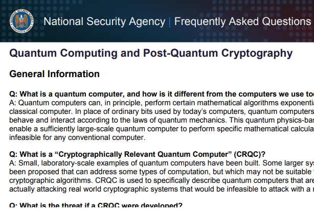 NSA Updates FAQ on Post-Quantum Cybersecurity - National Quantum Initiative NSA Updates FAQ on Post-Quantum Cybersecurity - National Quantum Initiative